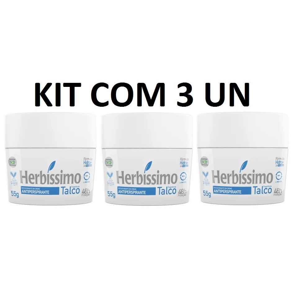 KIT COM 3 Desodorante em Creme Herbíssimo Talco com 55g | Shopee Brasil