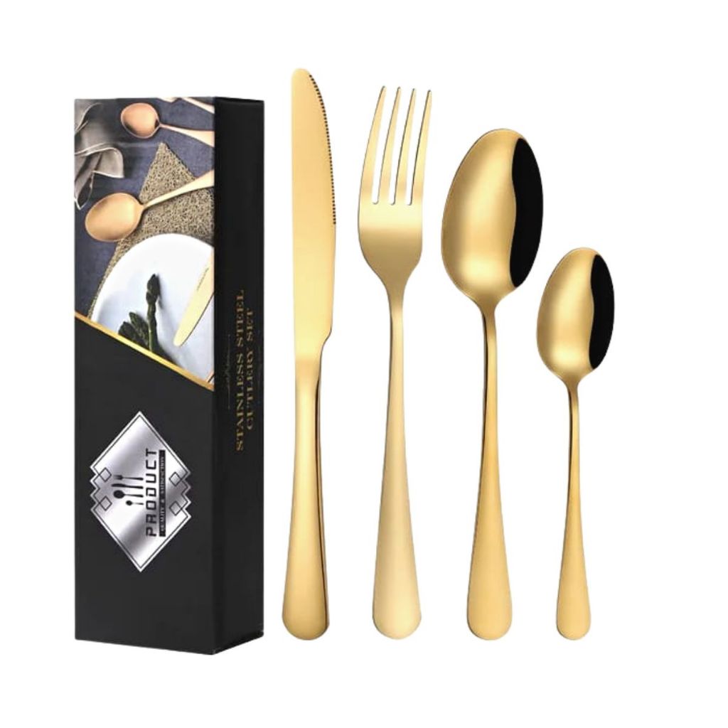 Kit Jogo Talheres Dourado Gourmet 24 Peças Inox Luxo Mesa Jantar Garfo ...