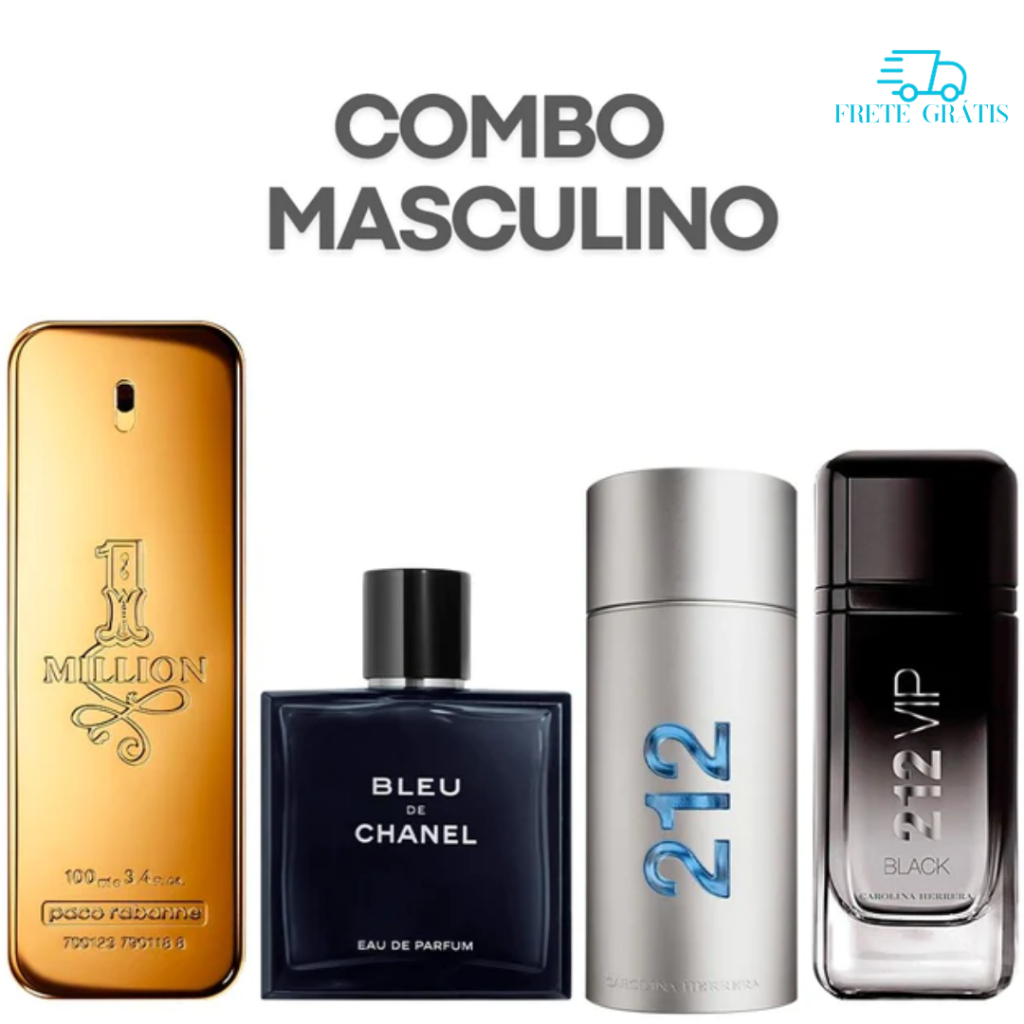 4 Perfumes Masculino - One Million, Bleu de Chanel, 212 Men e 212 VIP ...