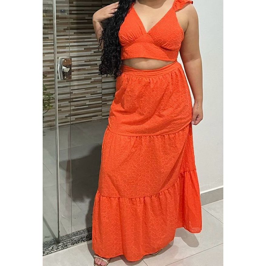 Cropped e Saia Longa laranja | Shopee Brasil