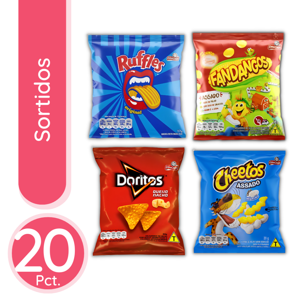 Biscoitos / Salgadinho Elma Chips: Fandangos 22g + Ruffles 17g + cheetos 20g + doritos 22g - 20 ...