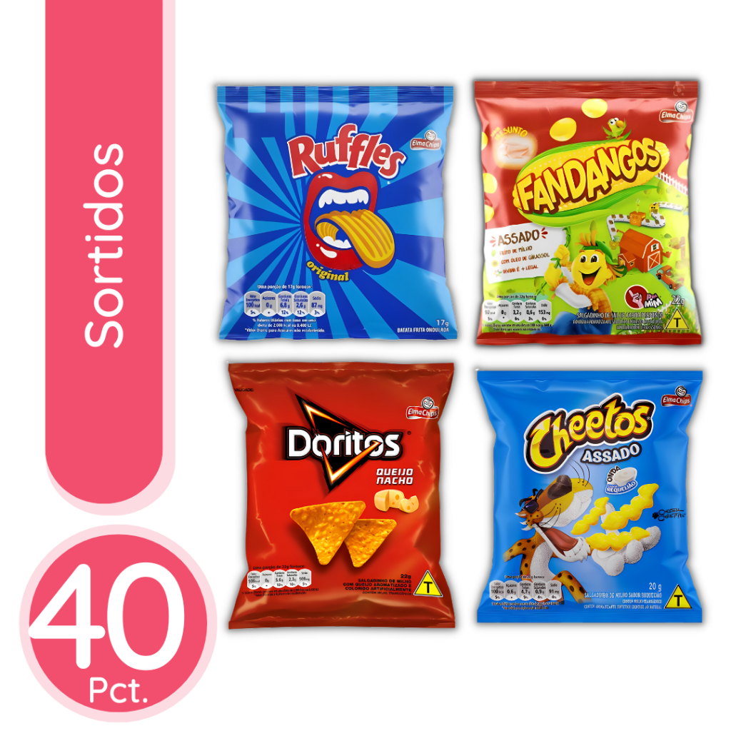 Biscoitos / Salgadinho Elma Chips: Fandangos 22g + Ruffles 17g + Cheetos 20g + Doritos 22g - 40 ...
