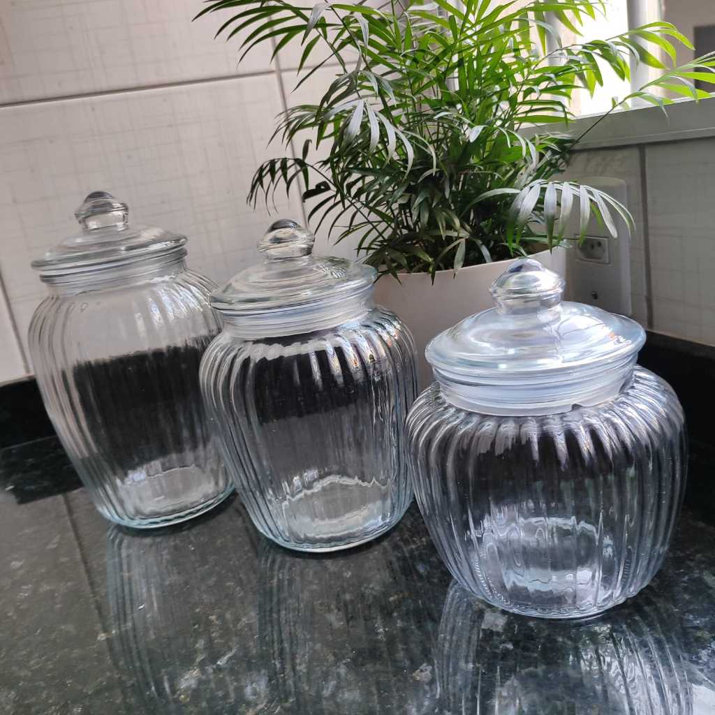 Kit 3 Potes de Vidro Grande Para Mantimentos Bomboniere Com Tampa ...
