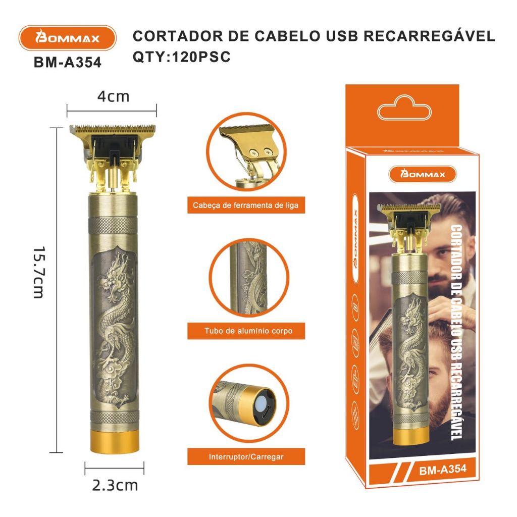 Máquina De Barbear E Cortar Cabelo Elétrico Dragão Cor Dourado COBRE BM-A354 | Shopee Brasil