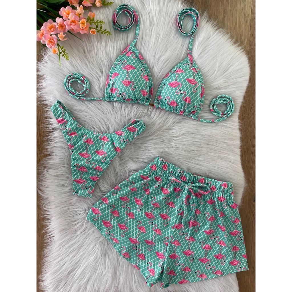 Kit biquíni com shorts Biquini 3 Em 1 Cortininha Com Shortinho | Shopee Brasil