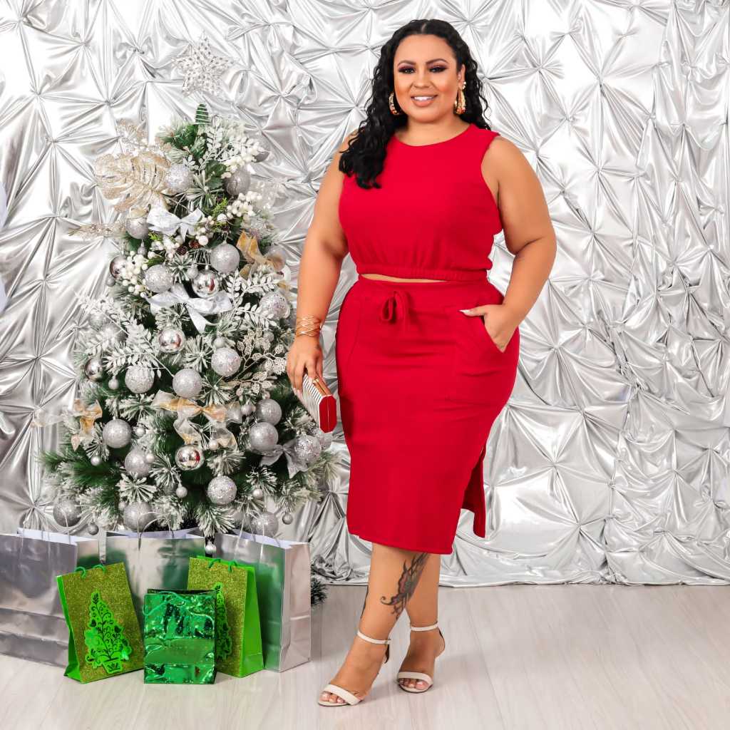 CONJUNTO FEMININO MODA GRINGA PLUS SIZE 48 AO 54 CROPPED + SAIA ...