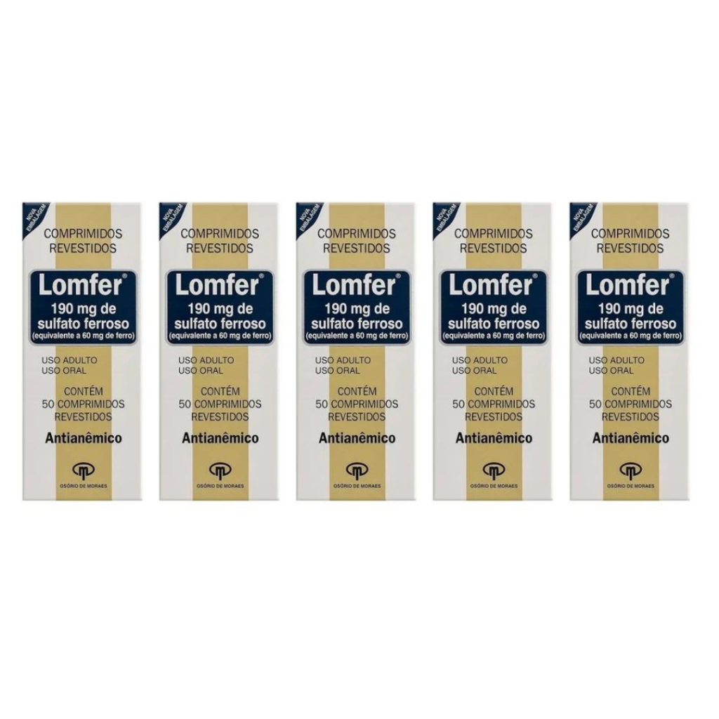 Kit 5 caixas Lomfer 190mg 50 Comprimidos Revestidos - Sulfato Ferroso ...