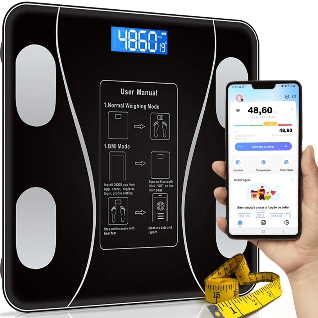Balança Digital Corporal Fit Bioimpedância Conexão Bluetooth App ...