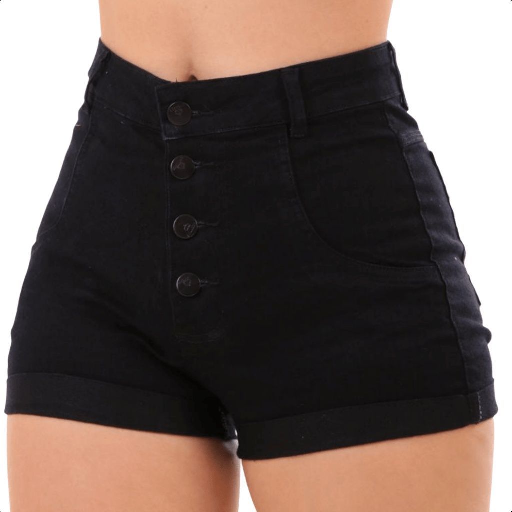 Short Jeans Preto Feminino Cintura Alta Barra Dobrada com Elastano e ...