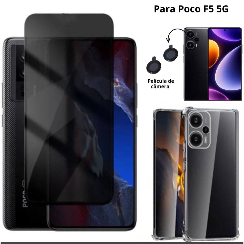 Kit 3X1 Xiaomi Poco F5 - Pelicula Privacidade Anti Spy Ceramica + Capa Transparente Anti Impacto ...