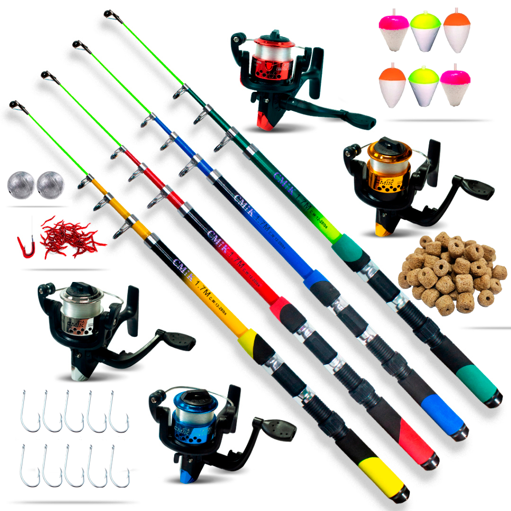 Kit de Pesca Vara Telescópica 1,70Mts + Molinete com Linha Anzóis Iscas ...