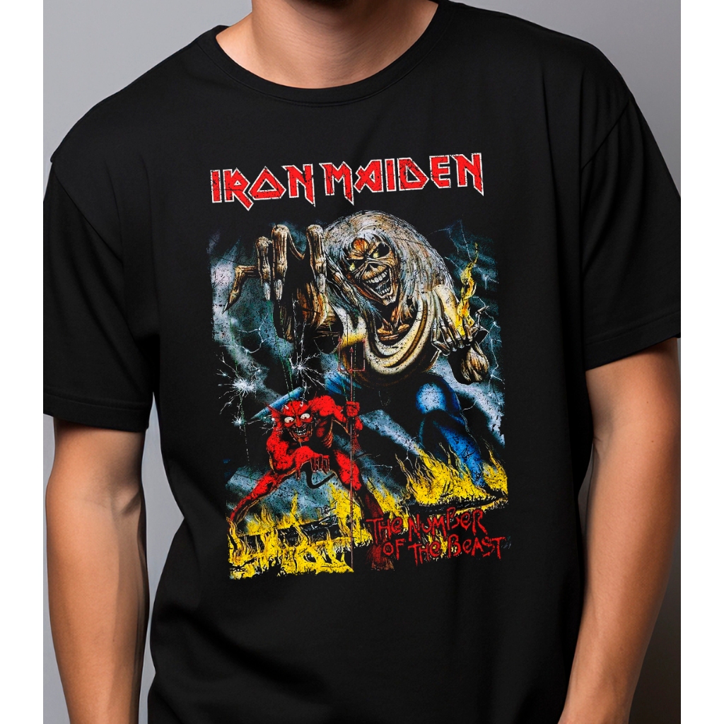 Camiseta Camisa Tradicional 100% Algodão Preta Banda de Rock Iron ...