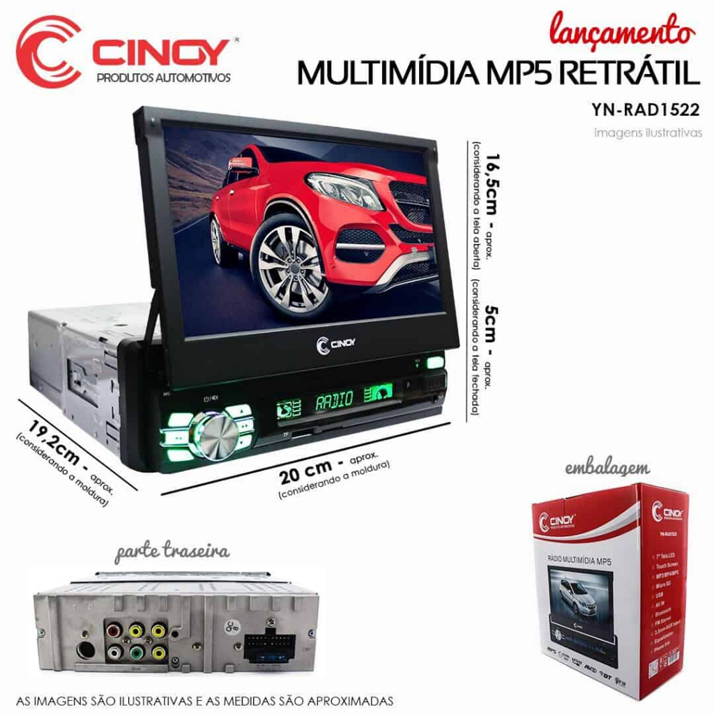 MP5 Multimidia Retratil 1 Din 7 Polegada Espelhamento Bluetooth Usb SD FM Cinoy YN Rad 1522 ...