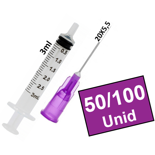 50/100 Unid. Seringa 3ml Bico Liso C/ Agulha 20x5,5 Medix ou Descarpack ...