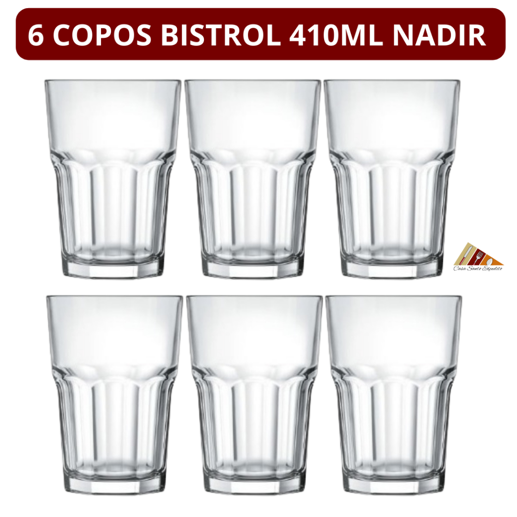 Conjunto 6 Copos Bistrol 410ml Nadir Vidro Grosso Grande Coquetel Suco Refrigerante | Shopee Brasil