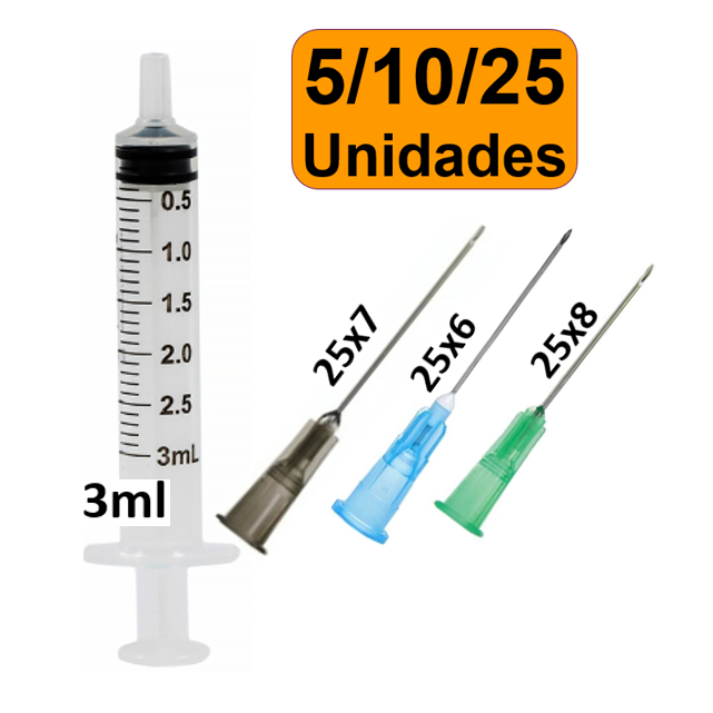 Seringa 3ml Liso + Agulha 25x6/25x7/25x8 C/ 5/10/25 Unid. Descarpack ou ...