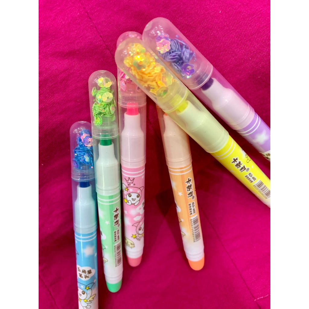 Caneta marca texto coloridos com lantejoulas na ponta (6 Unidades) ponta de estrela | Shopee Brasil