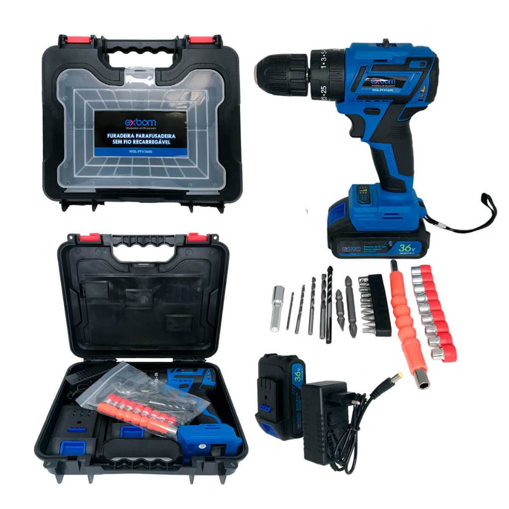 Furadeira Parafusadeira 36v Recarregavel 2 Baterias Marca Exbom Modelo MQL-PFX5600 | Shopee Brasil