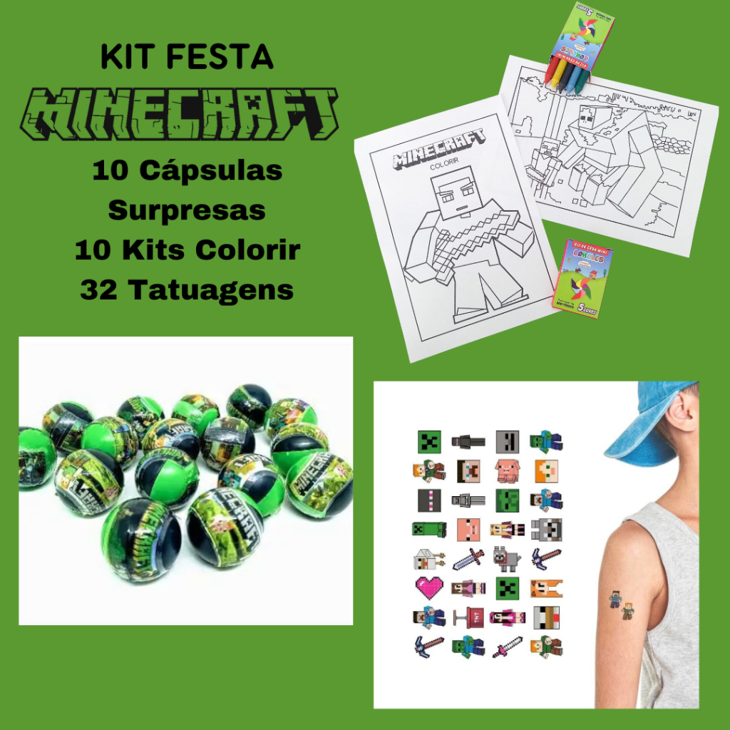 Kit Minecraft - 10 capsulas Minecraft + 10giz de cera + 20 desenhos MineCraft + 32 tatuagens ...