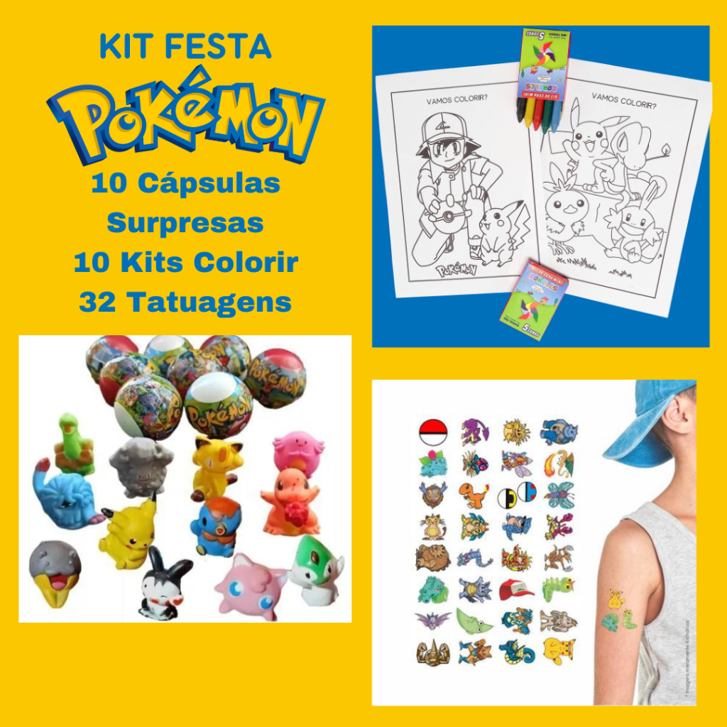 Kit 10 capsulas Pokemon + 10 giz de cera + 20 desenhos Pokemon + 32 ...