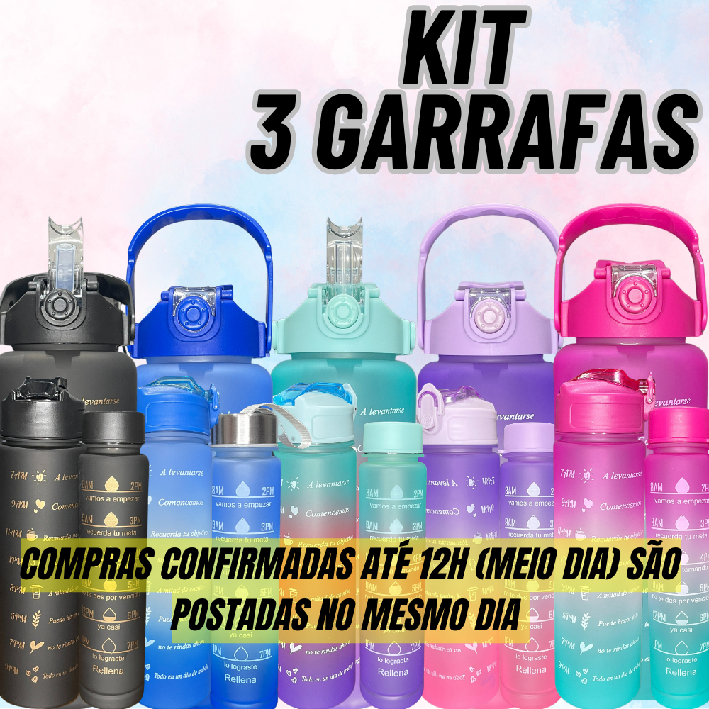 Kit 3 Garrafas de Água Squeeze Motivacional Academia Com Adesivos 2L 900ml e 300ml ENVIO ...