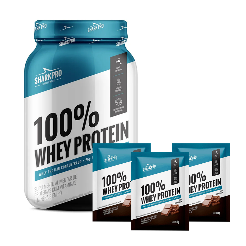 100% Whey Protein Concentrado 900g Shark Pro - 26g de proteína - Vários sabores + 3x Sachês de ...