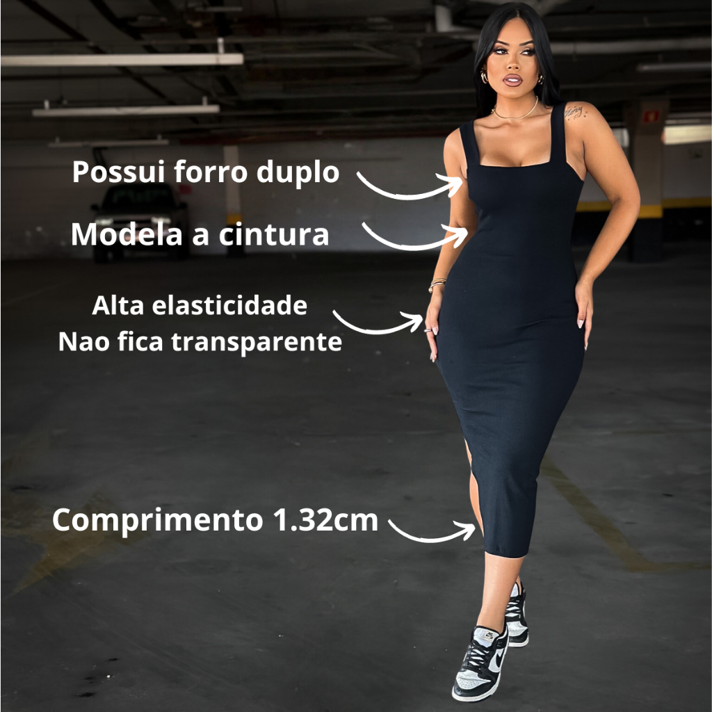 Vestido feminino Longo com fenda lateral efeito modelador ribanna ...