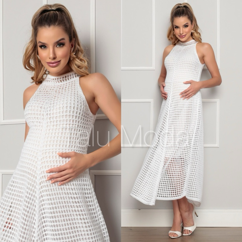 Vestido Tricot Rendado Gestante chá de bebê Vestido Midi chá revelação ...