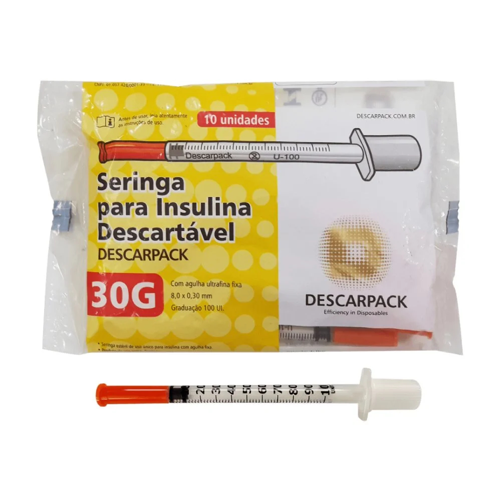 Seringa Descartável Para Insulina 8 x 0.30 30 G 1 mL 100 UI Com 50 ...