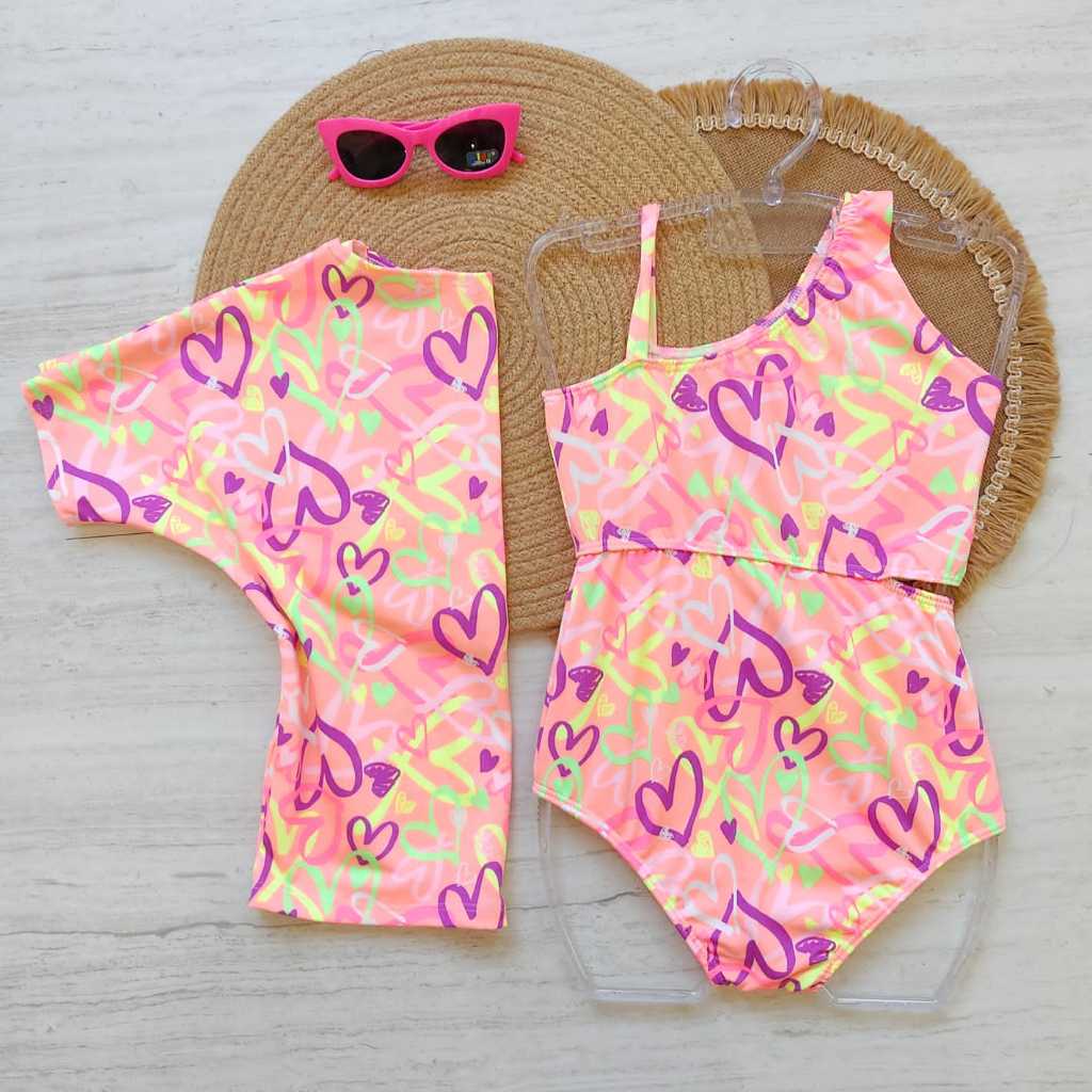 Maiô Com Kimono Coração Neon Body Moda Praia Mini Diva Blogueira Modelo ...