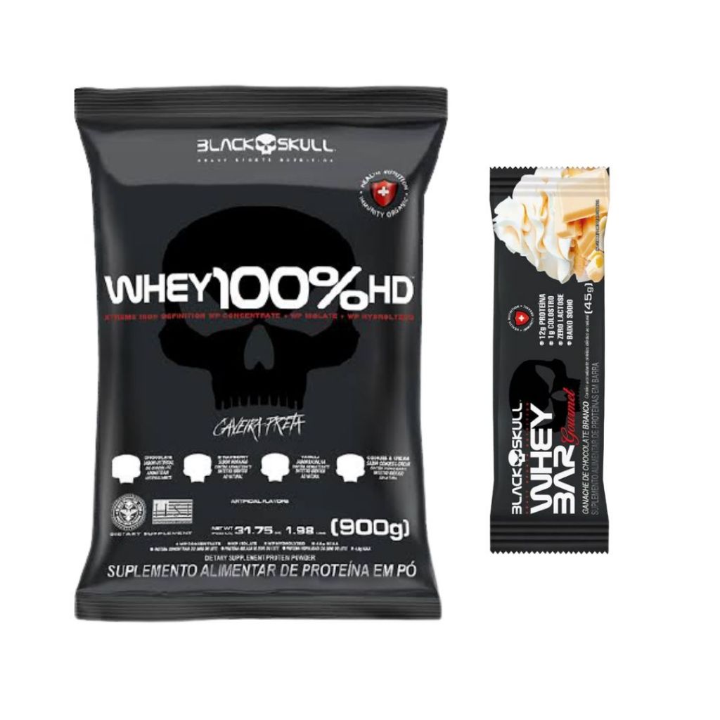 Kit 1x Whey 100%hd Refil 900g + 1x Barrinha Whey bar 45g - Blackskull | Shopee Brasil