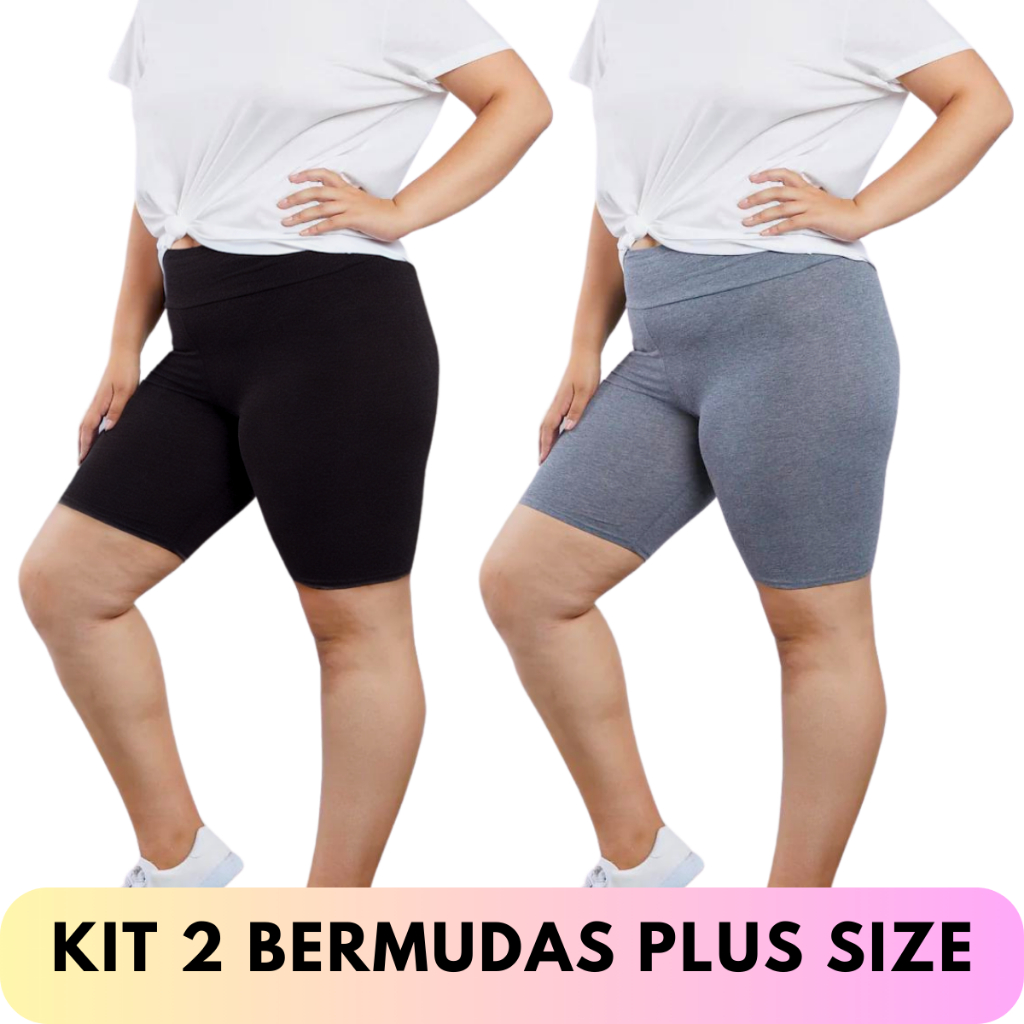 Kit 2 Bermuda Plus Size Feminina Suplex Cintura Alta | Shopee Brasil