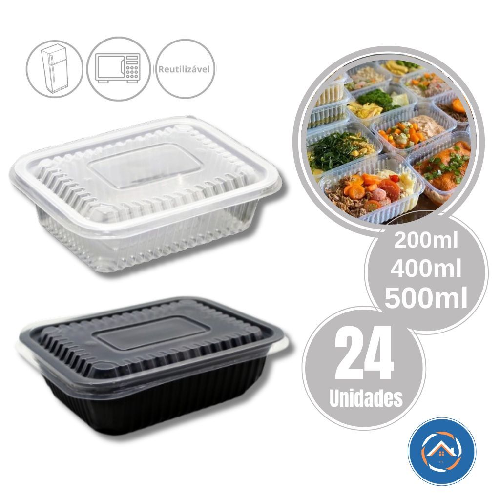 24 un Pote Marmita Descartável 200 / 400 / 500 ml Fitness Fit Freezer Micro-ondas - Escorrega o ...