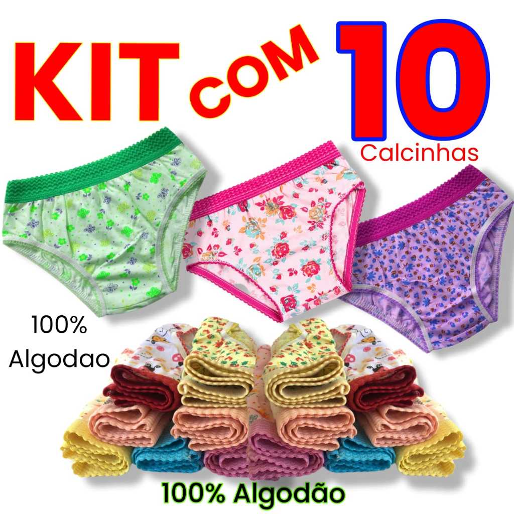 Kit 10 Calcinha infantil algodão menina estampada, tira fraldas, cós ...
