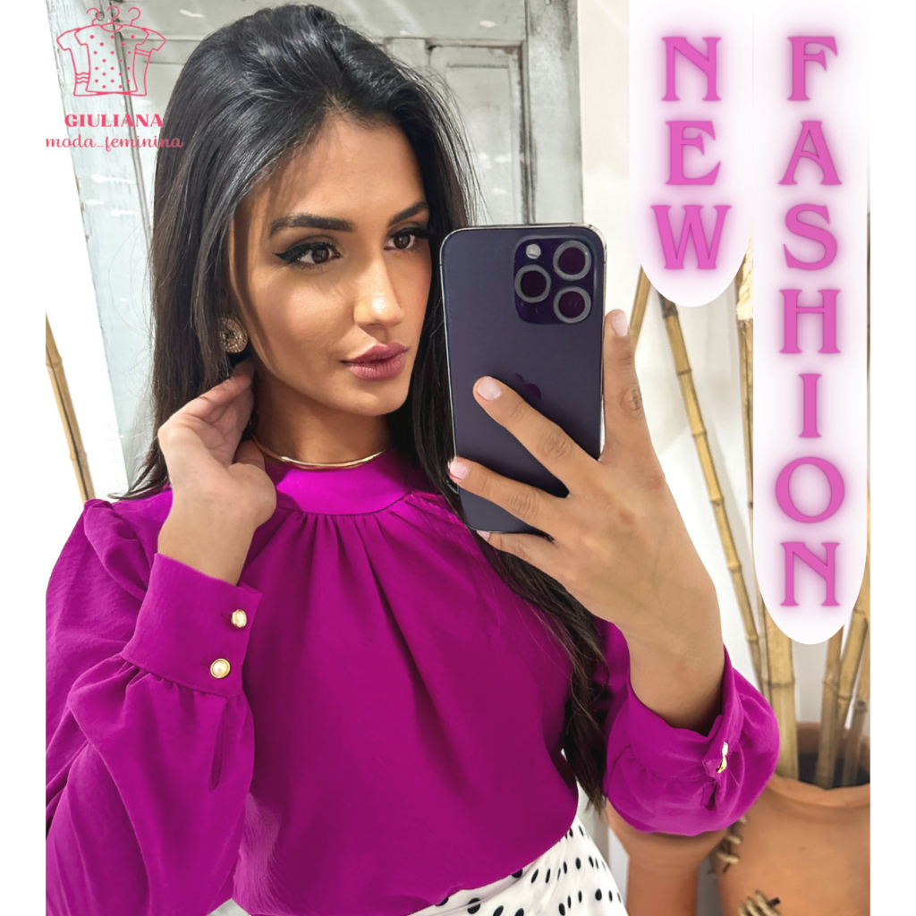 Blusa Feminina Manga Longa Social Elegante Gola Redonda Botão Duna