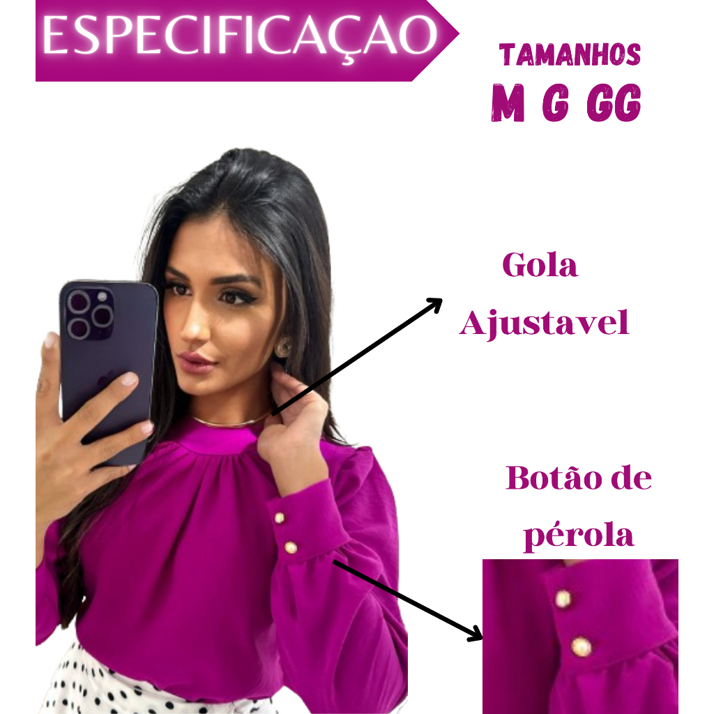 Blusa Feminina Manga Longa Social Elegante Gola Redonda Botão Duna