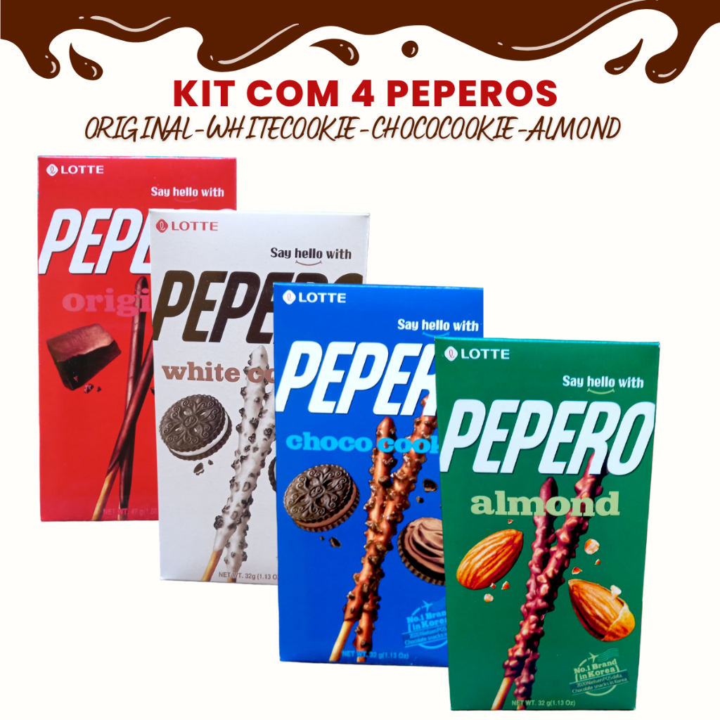 Kit Biscoito Coreano Pepero 4 Sabores Choco Cookie White Cookie Almond e Original 32gX4un ...