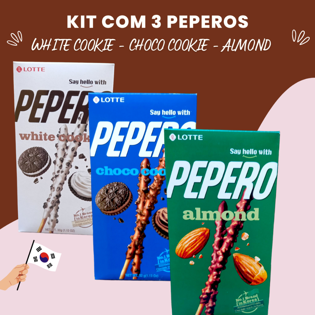 Kit Biscoito Coreano Pepero 3 Sabores Choco Cookie White Cookie e Almond 32gX3un | Shopee Brasil