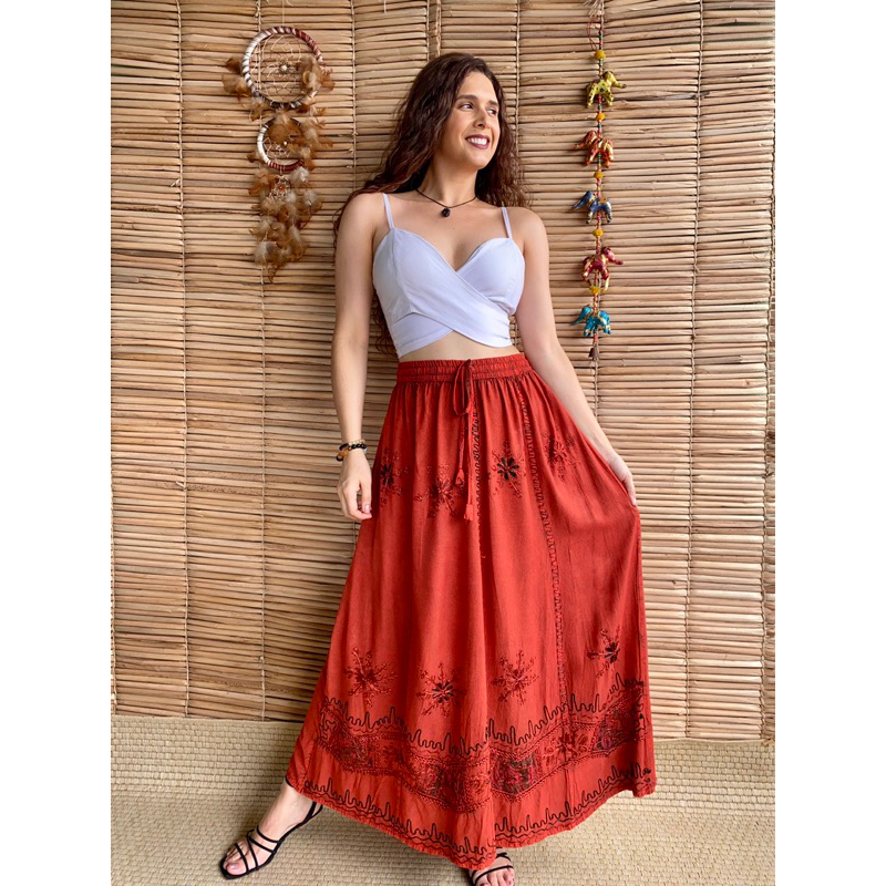 Saia Indiana Longa Hippie Cigana Moda Indiana Bordada Boho Estilo ...