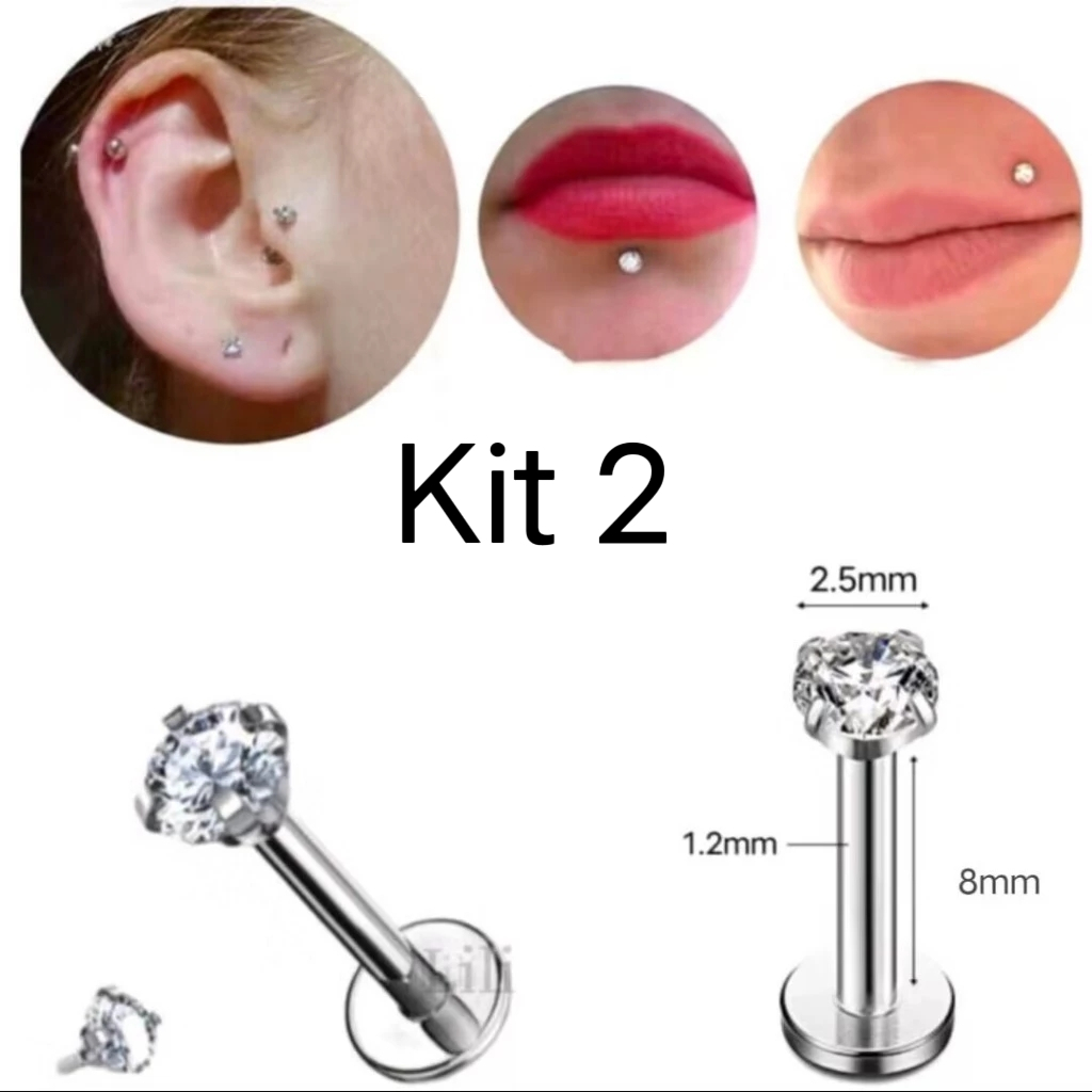 Kit 2 Piercing Labret Ponto De Luz Helix Tragus Conch Aço Cirúrgico ...