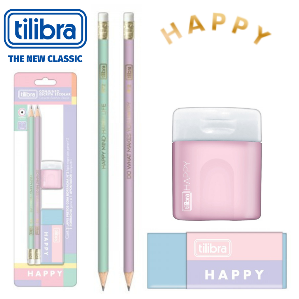 Kit Tilibra Happy - 2 Lápis + 1 Apontador + 1 Borracha Tom Pastel ...