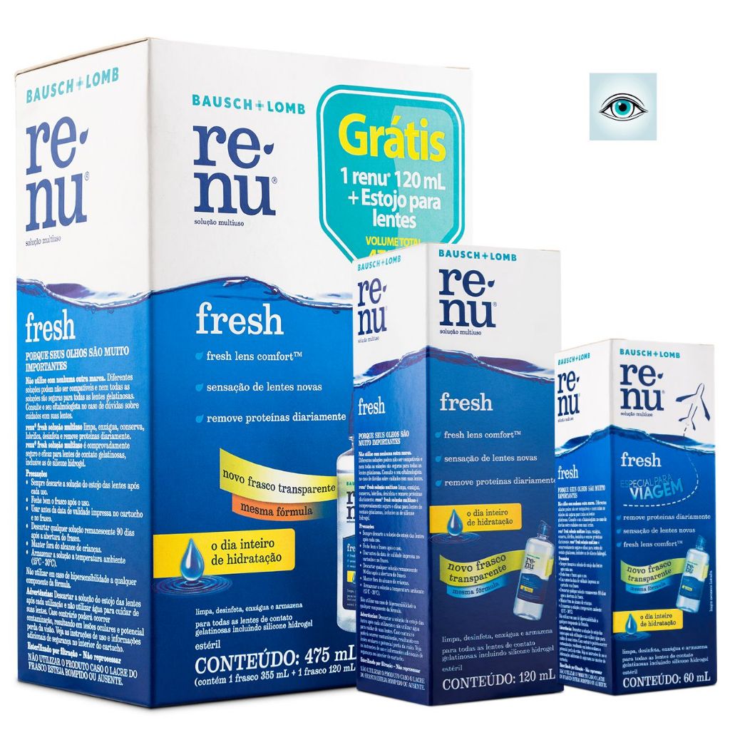 Renu fresh 355ml + 120 ml kit grátis + estojo para lentes | Shopee Brasil