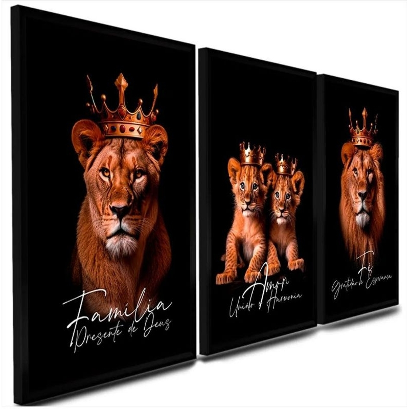 Quadros Decorativos 3 Peças Família de Leão E Leoa 3 Filhotes Com Coroa ...