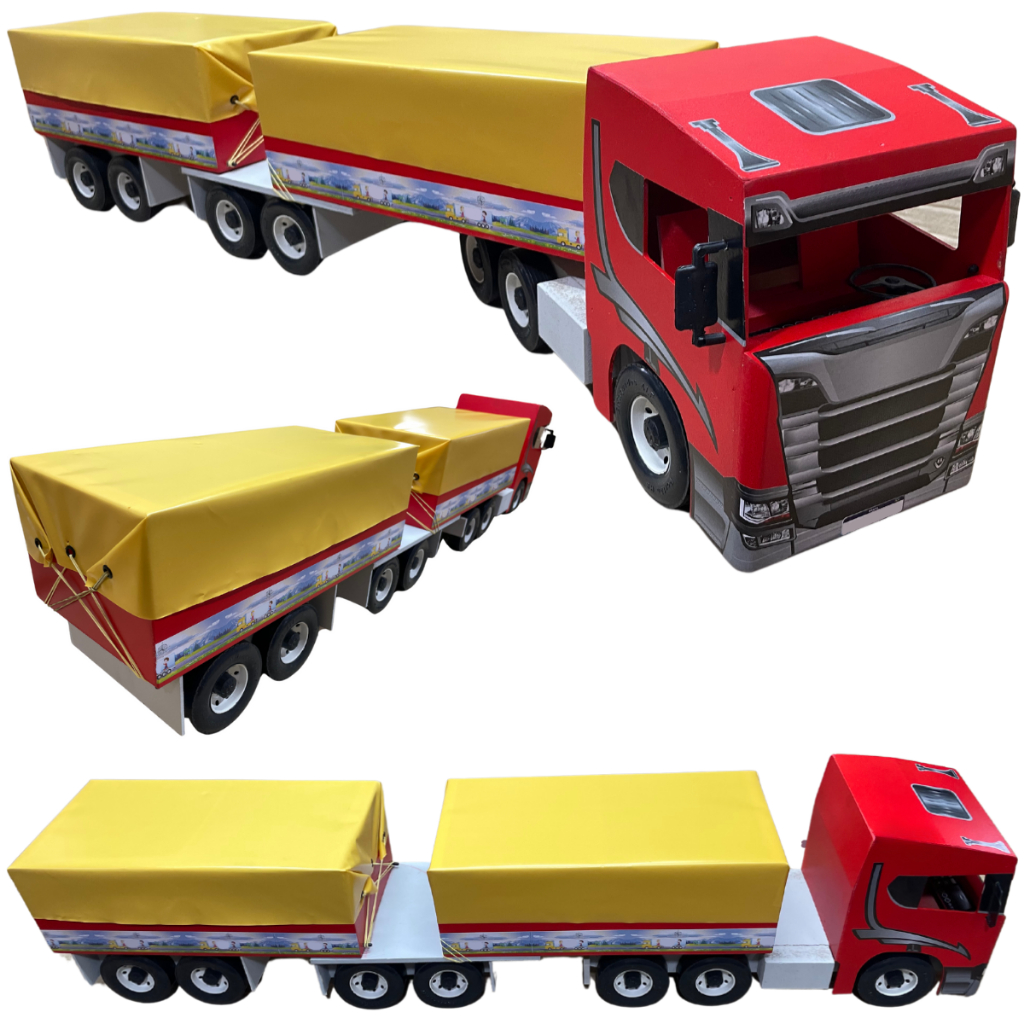 Caminhão De Brinquedo 101cm Carreta De Madeira Bitrem 7 Eixos Lona ...