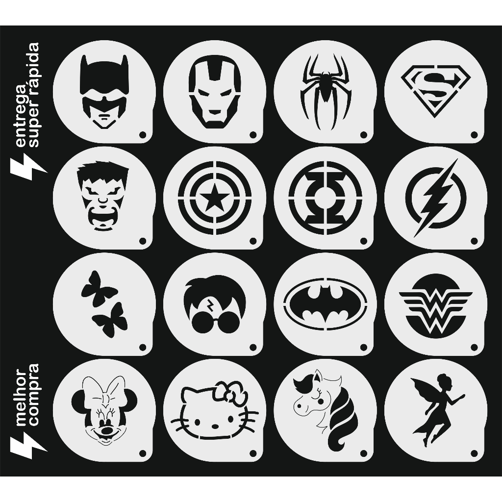 16 Stencil Pintura Rosto Facial Decorar Ref 103 Moldes 7cm x 7cm com 16 ...