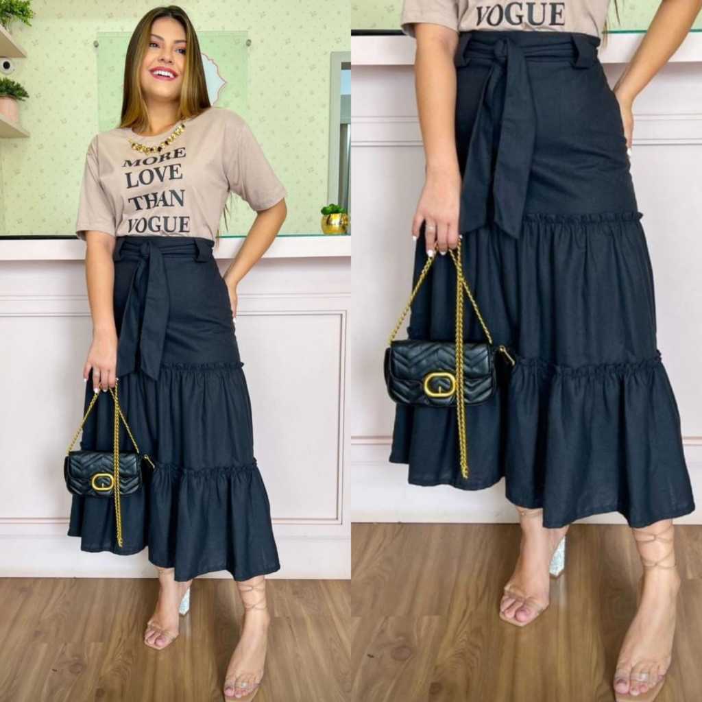 SAIA MIDI FRANZIDA DE LINHO - MODA BLOGUEIRA | Shopee Brasil