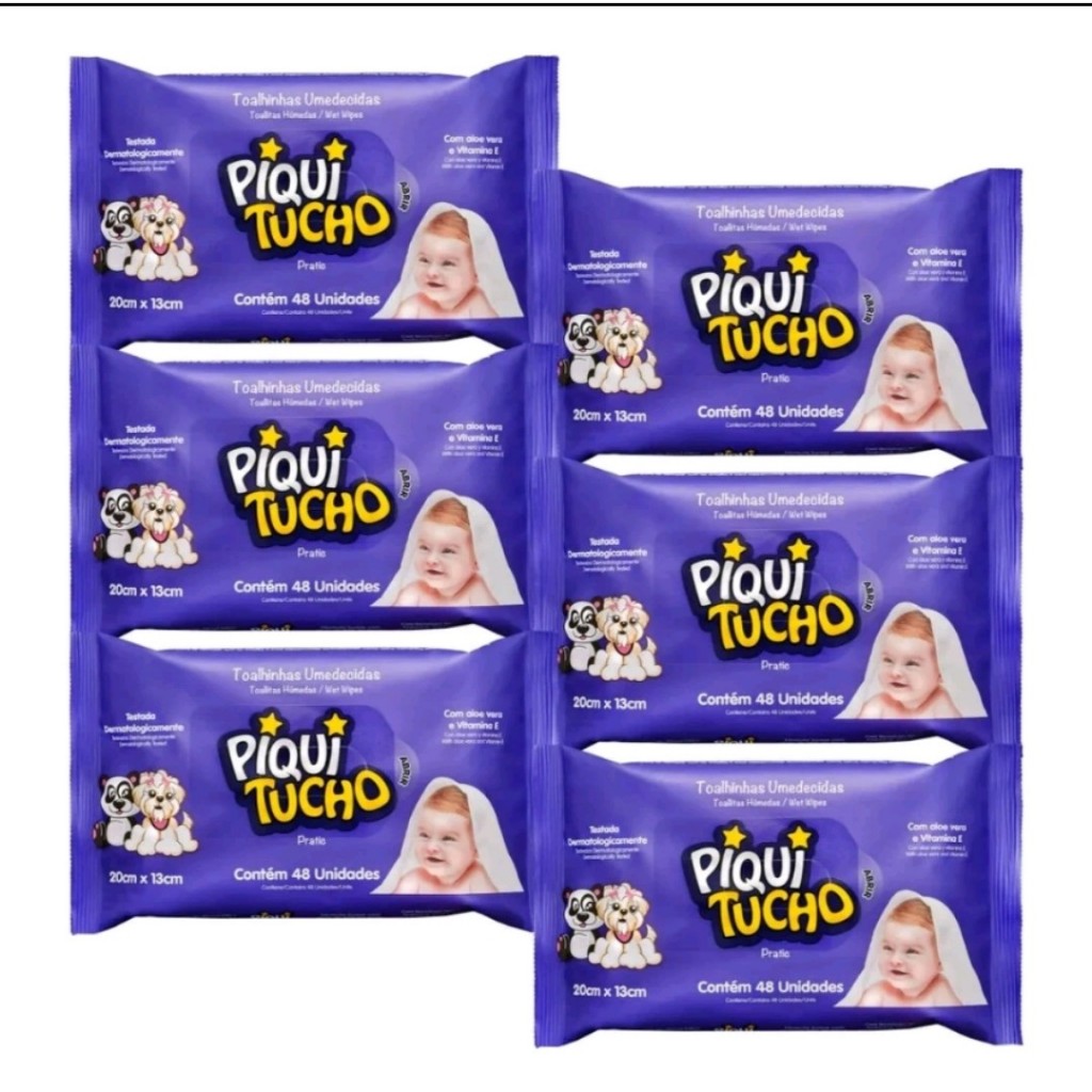 Kit com 6 toalhas umedecidas Piquitucho Pratic (48 unidades cada pacote ...