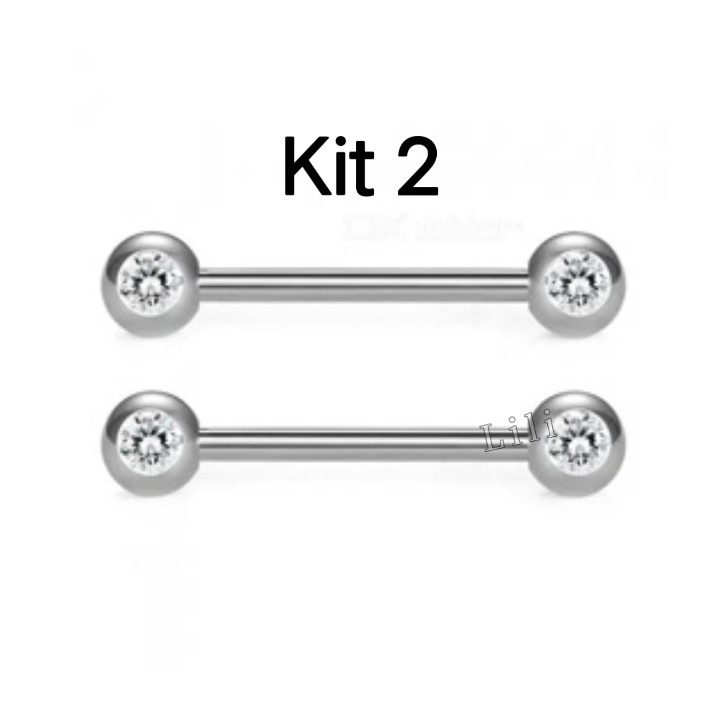 Kit 2 Piercing de Barbell Mamilo de Aço inoxidável com 2 pedra zircônia ...