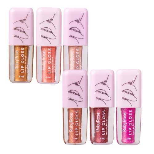 Kit com 6 Cores do Lançamento Lip Gloss com Gliter Ruby Rose- Bonfire ...
