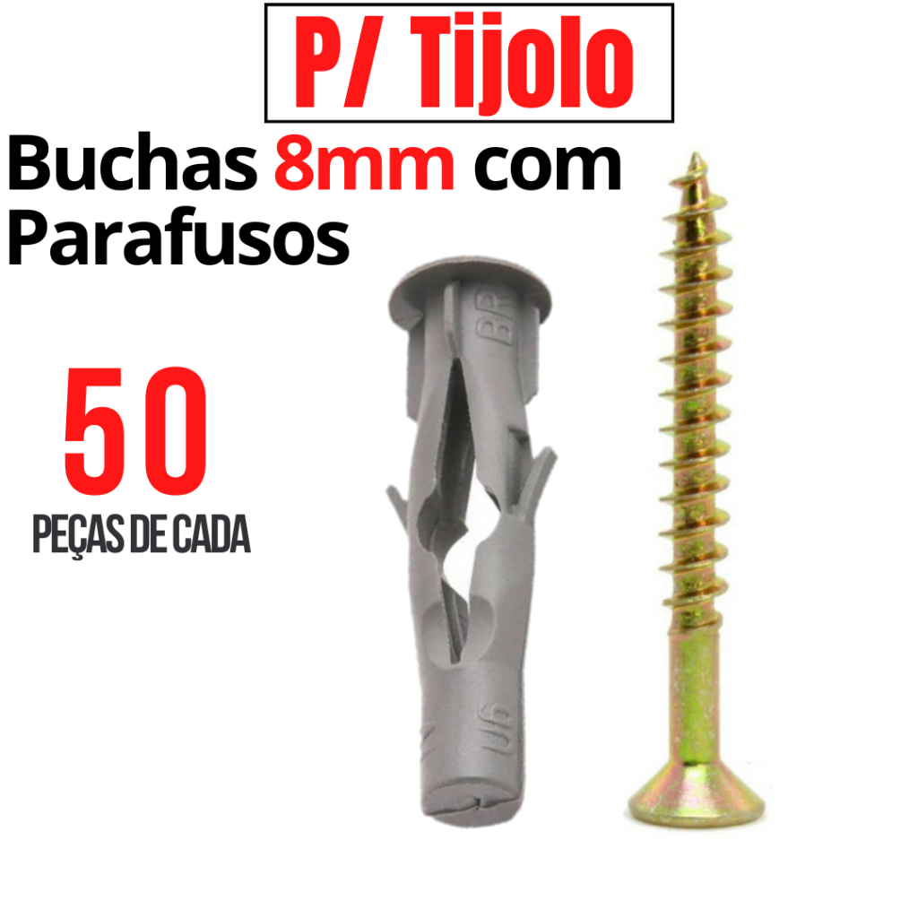 Bucha 8mm Baiana para Tijolo e Bloco com Parafuso Kit Bucha FU 8 para ...